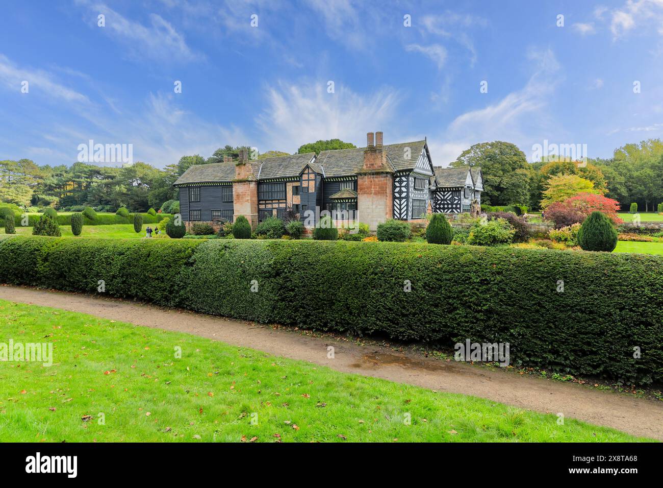 Speke Hall, a black and white painted wood-framed wattle-and-daub Tudor ...