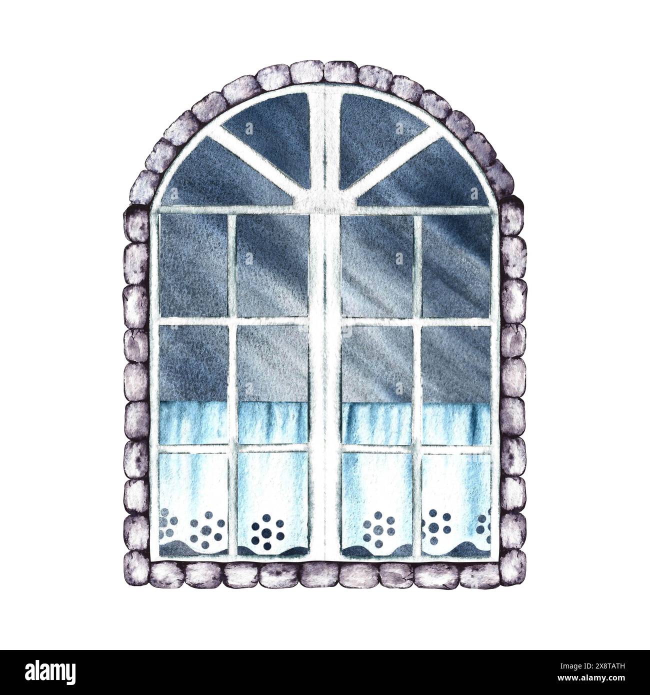 Retro window. Vintage vintage arched window with curtains. A hand-drawn ...