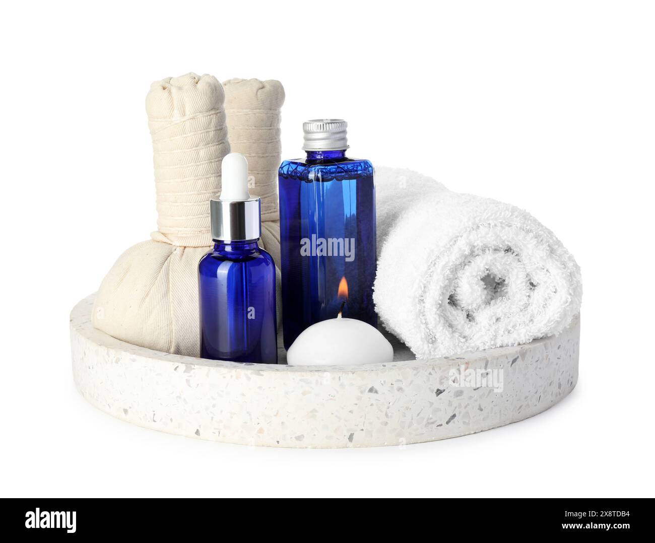 Spa composition. Bottles of cosmetic products, towel, herbal bags and ...