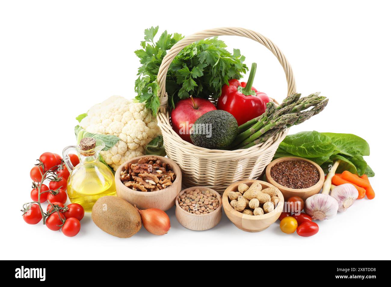 Healthy food. Basket with different fresh products isolated on white ...
