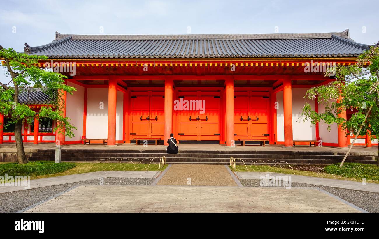 Kyoto, Japan, April 17, 2024: Monk praying outside a temple in the ...