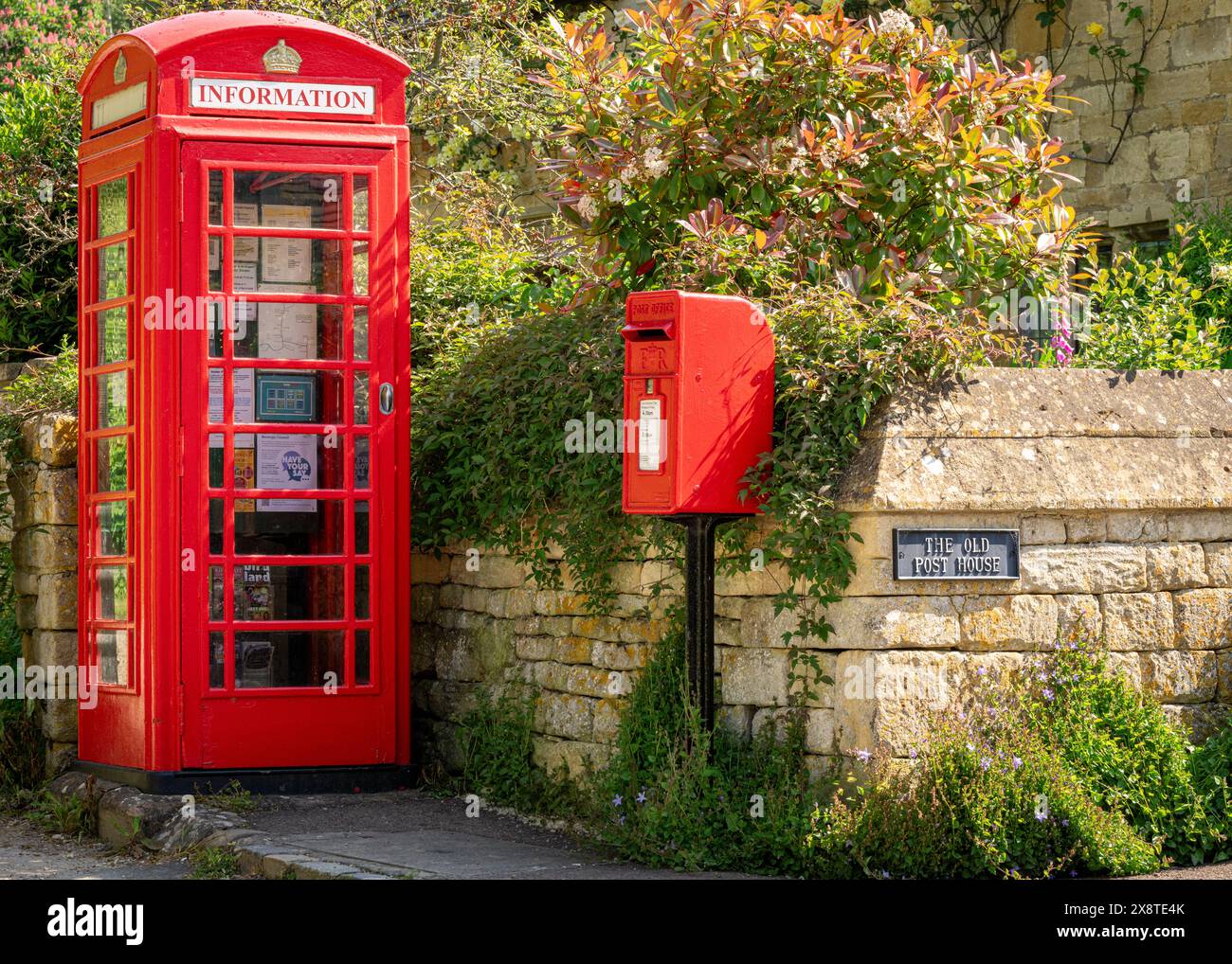 Traditional Red Telephone Box and Post Box, British Cotswold Village ...