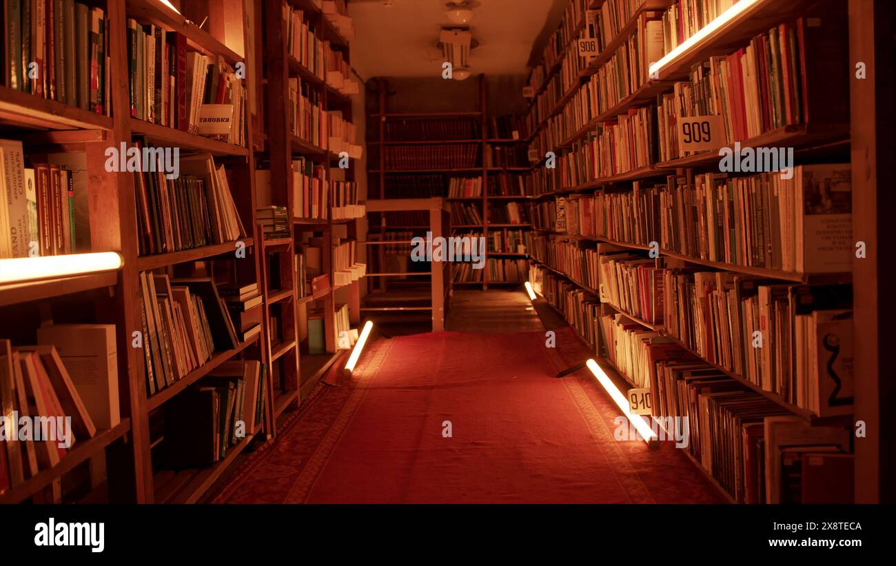 Night library with flashing lights. Stock footage. Corridor with ...