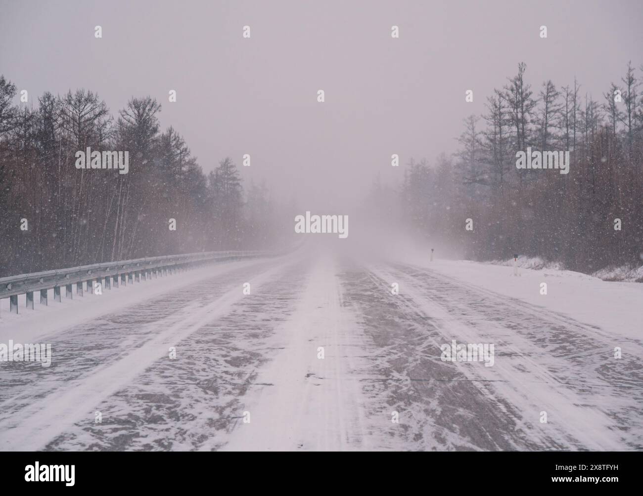 Snow-covered highway through forest during intense winter storm in ...