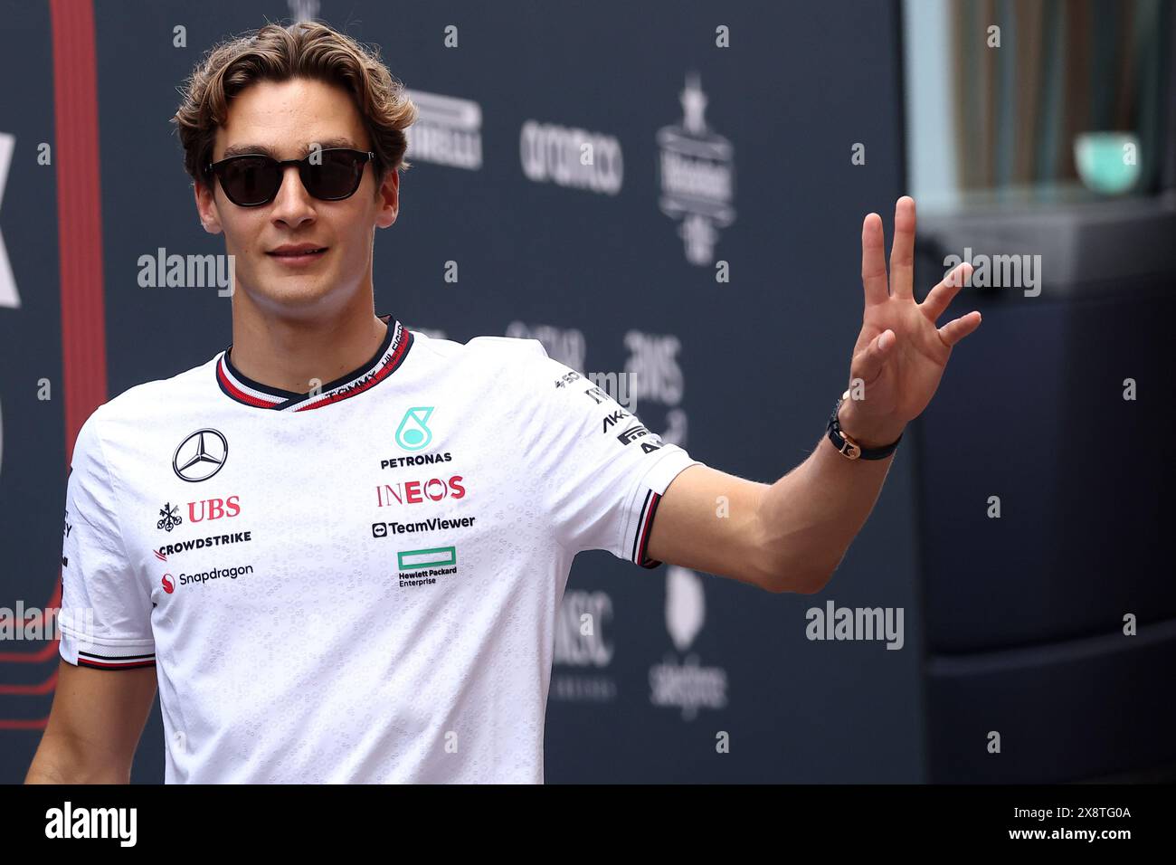 George Russell of Mercedes AMG Petronas F1 Team greets the fans during ...
