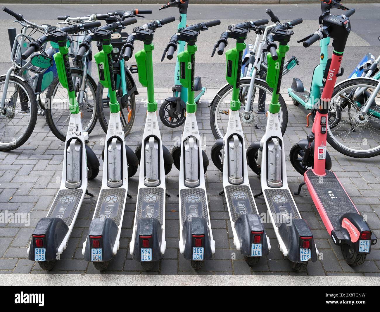 Electric scooters in the historic city centre, Duesseldorf, Germany ...