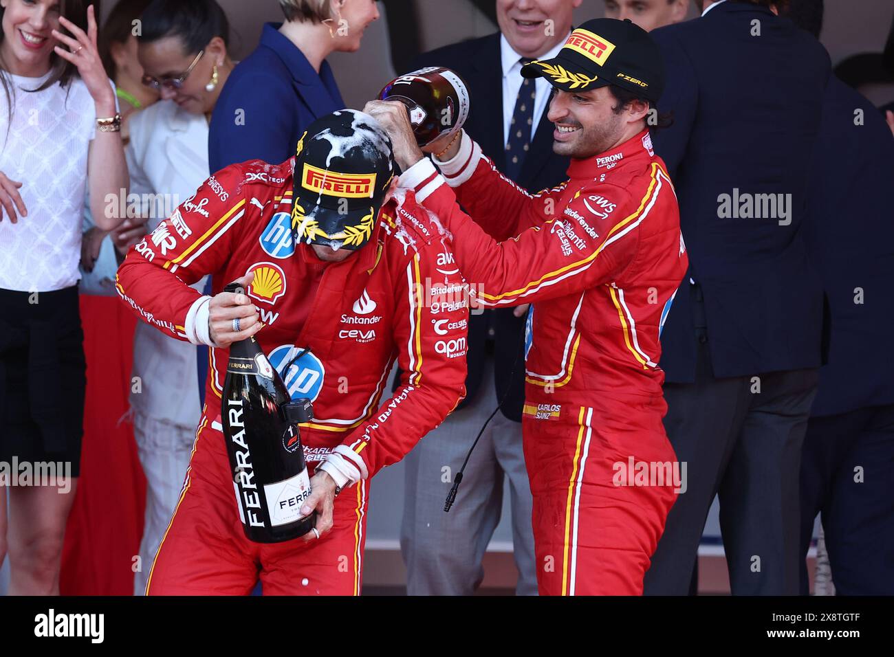 Charles Leclerc (L) and Carlos Sainz (R) of Scuderia Ferrari celebrate ...