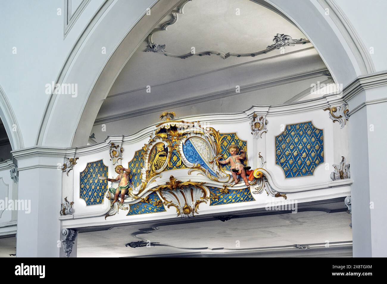 Gallery with stucco and relief with putti, St. Mang Church, Kempten ...