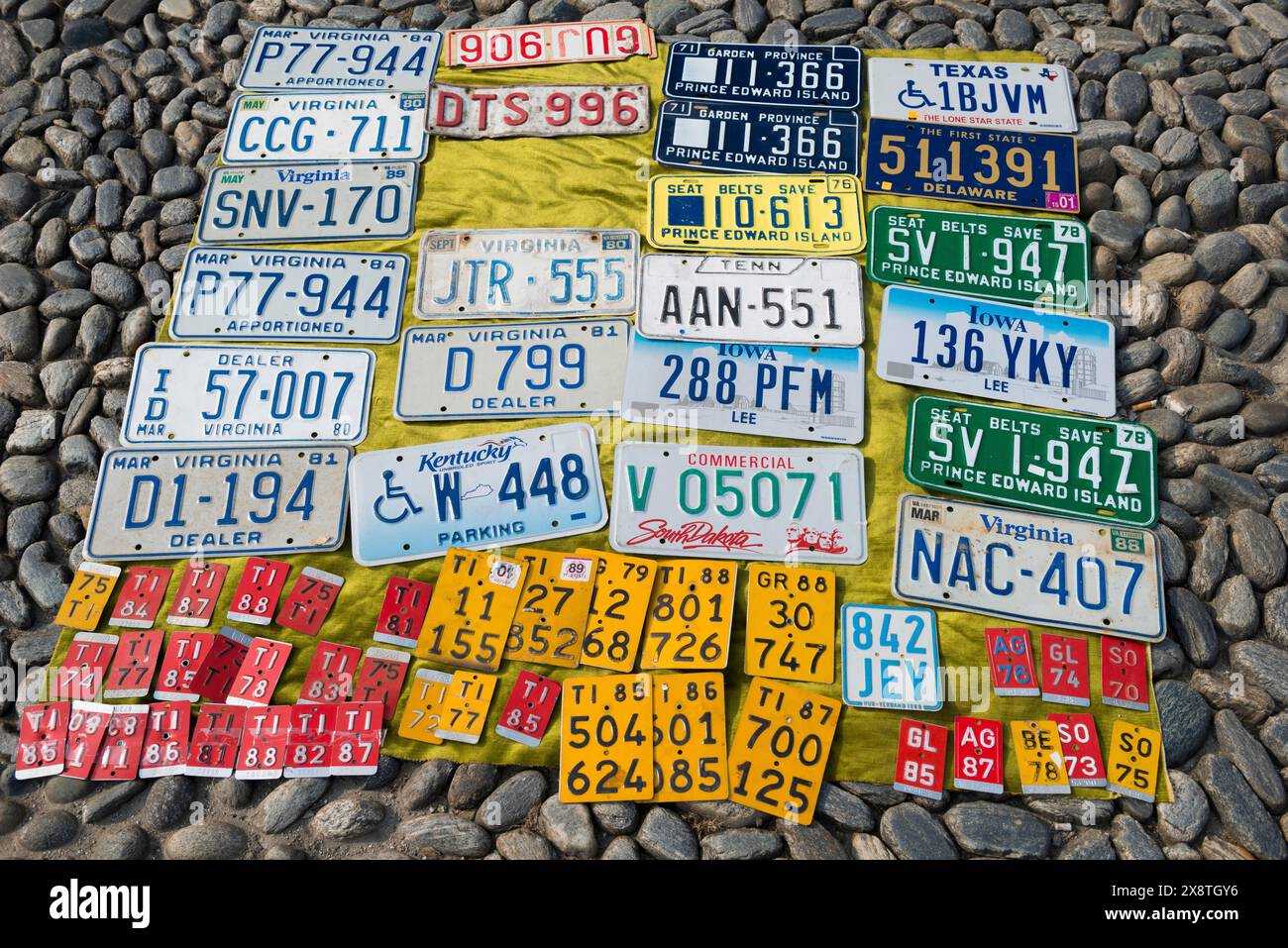 Many Different License Plate on the Cobblestone Street in a Sunny Day ...
