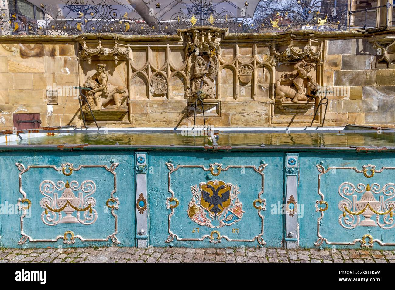 Market fountain, fish fountain with Simson sculptures and water basin ...