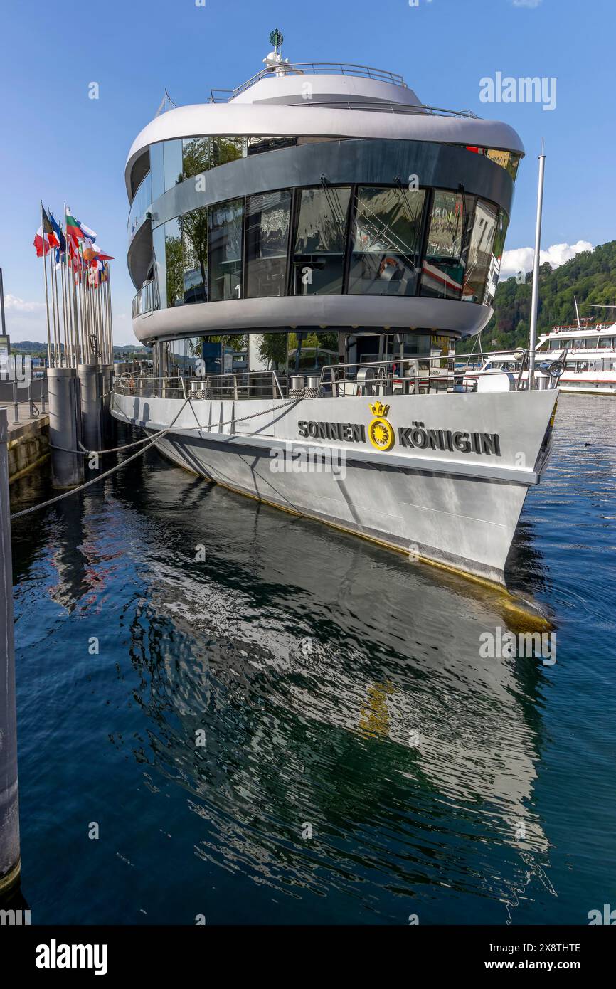 The luxury ship MS Sonnenkoenigin is moored in the harbour of Bregenz ...