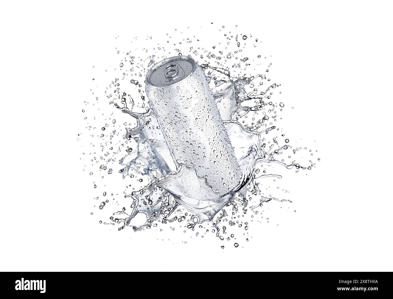 Blank white aluminum 500 ml soda can with drops splash mockup. 3d rendering. Empty carbonated ...