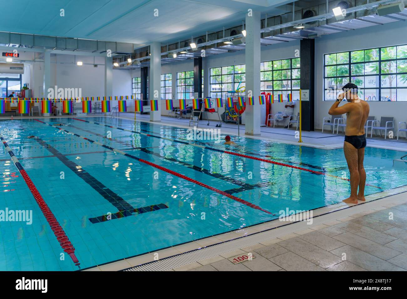Tel-Aviv, Israel - May 23, 2024: View of a swimming pool with trainees ...