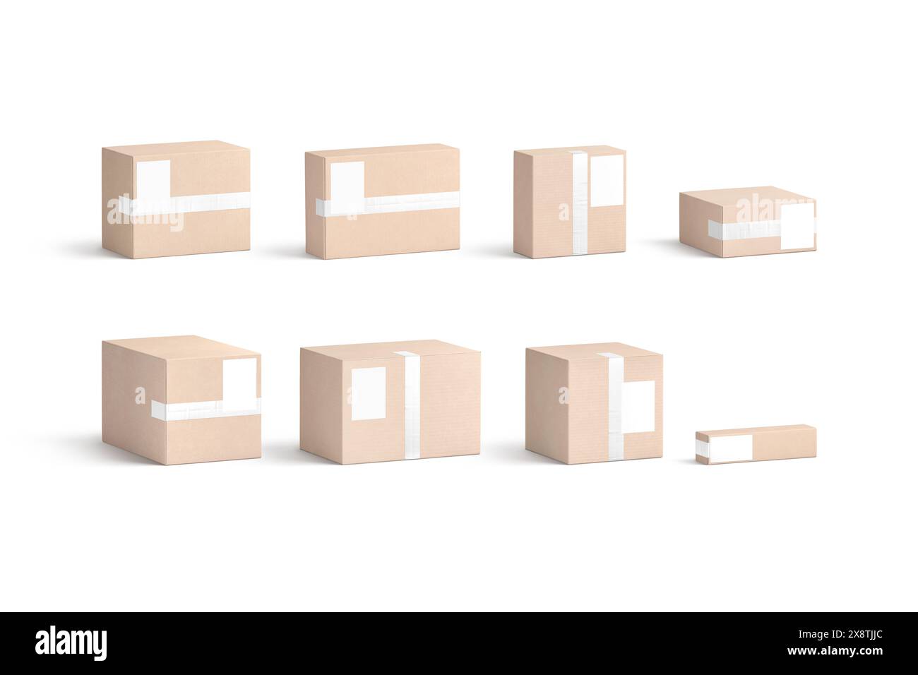 Blank white shipping label on craft box mockup, different shapes, 3d ...