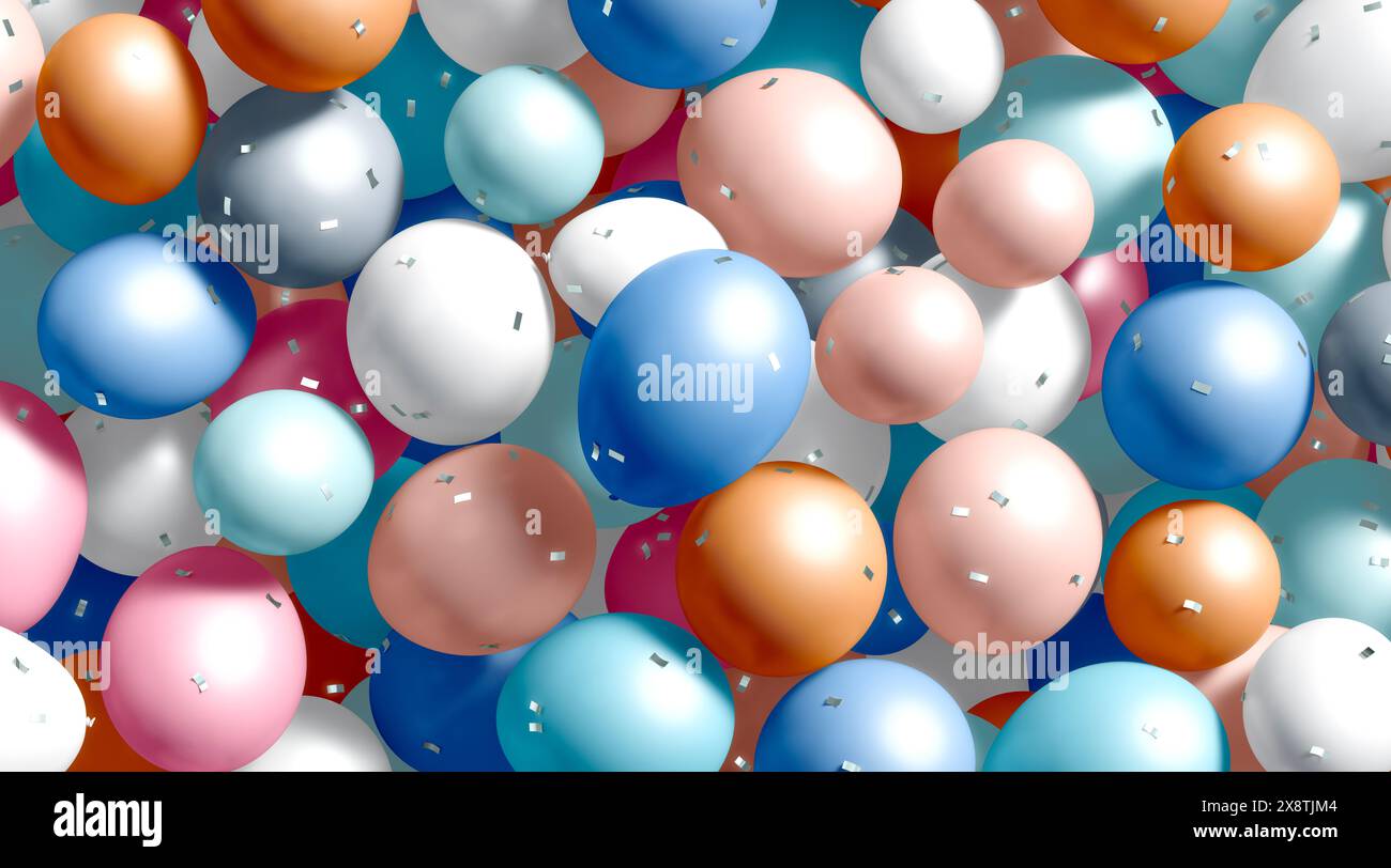 Stack of colored round balloons with confetti mockup, 3d rendering ...