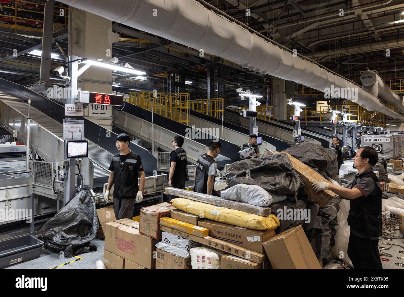 Staff members of SF airlines sort parcels at the SF transfer center of ...