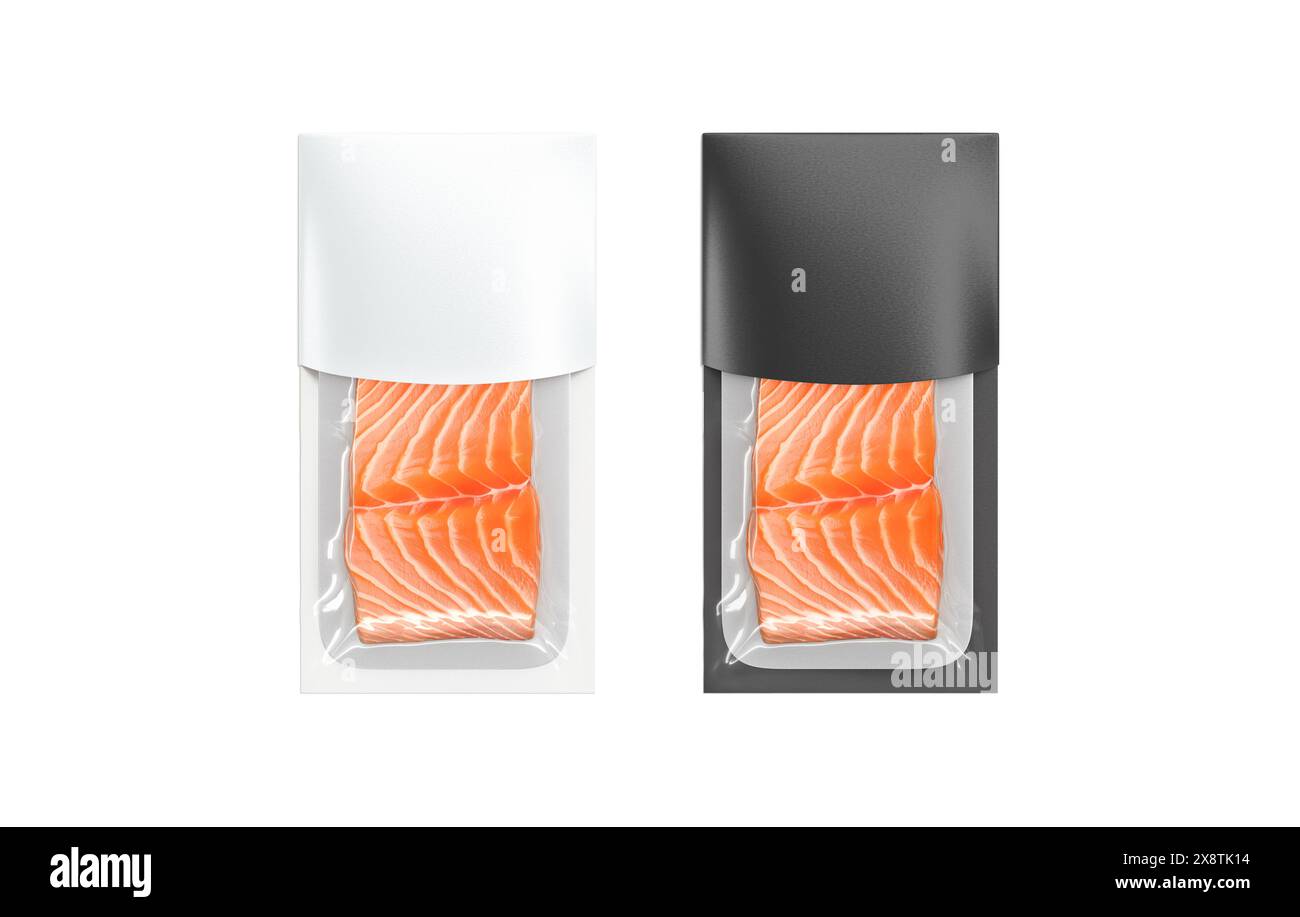 Blank transparent pack with black and white label salmon mockup, 3d ...