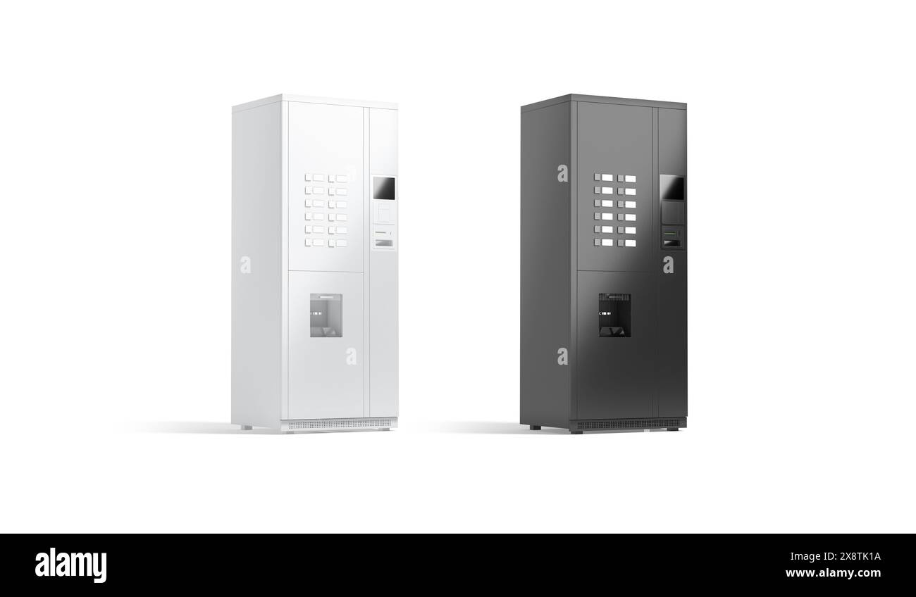 Blank black and white coffee vending machine mockup, side view, 3d rendering. Empty machinery ...