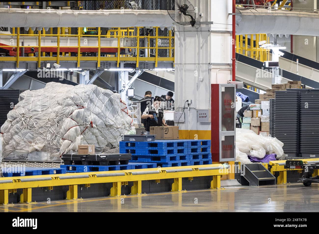 A staff member of SF airlines sort parcels at the SF transfer center of ...