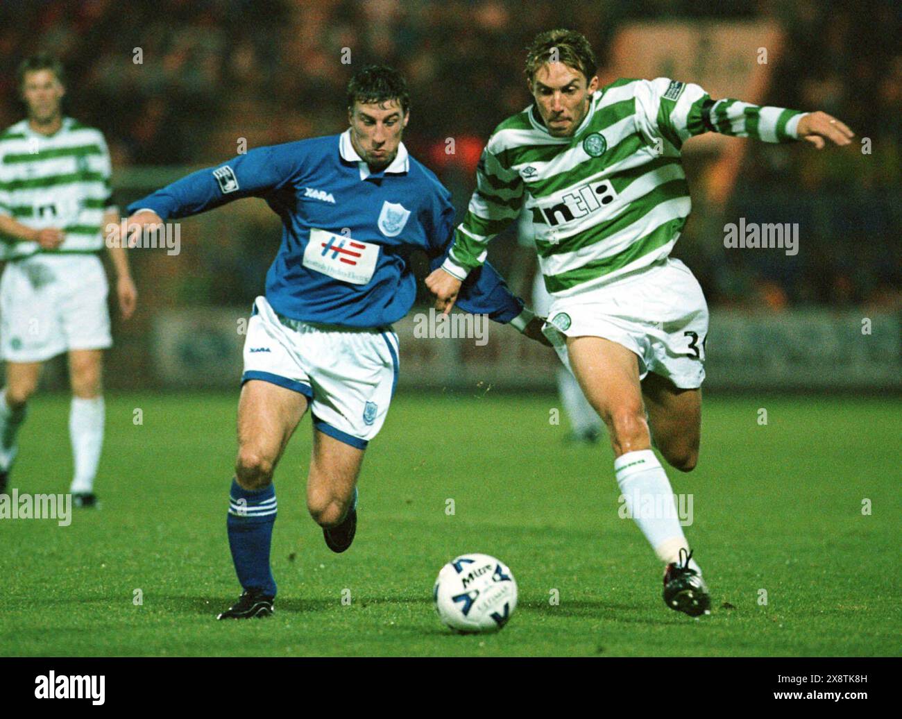 ST JOHNSTONE V CELTIC, 24/10/99. Celtics Vidar Riseth takes on St ...