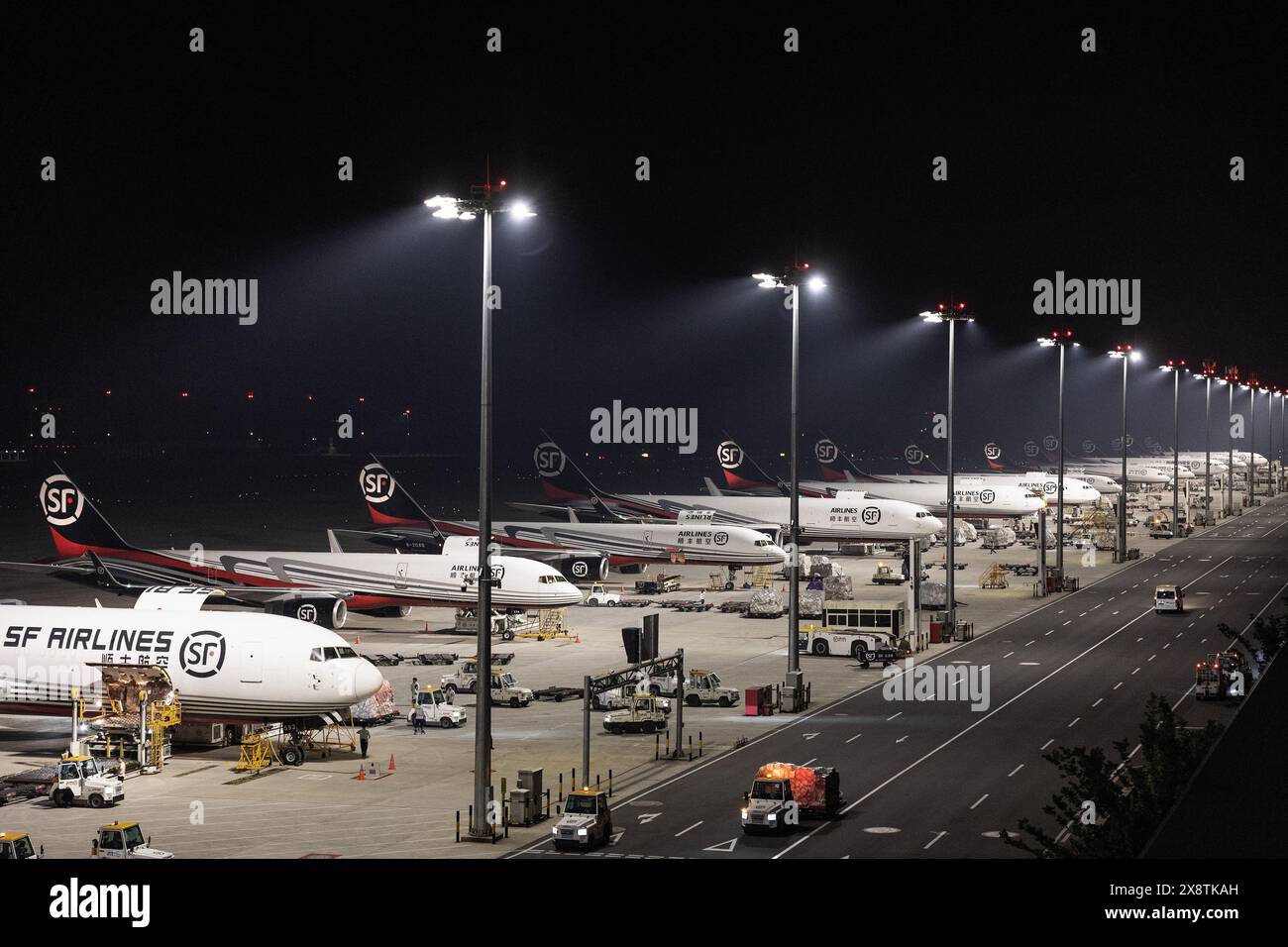 General view of Dozens of SF cargo aircrafts line up to be loaded at ...