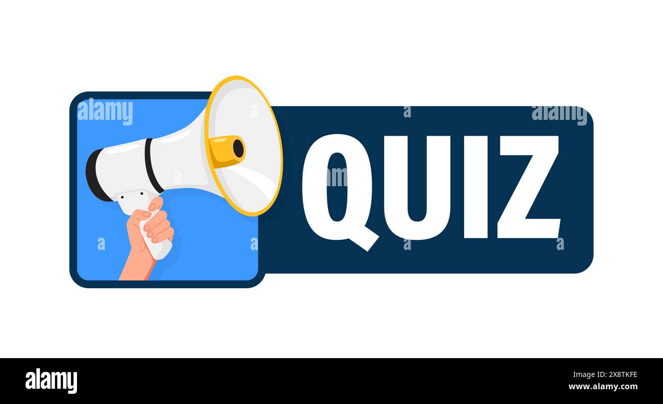 Quiz. Hand hold megaphone speaker for announce. Attention please ...