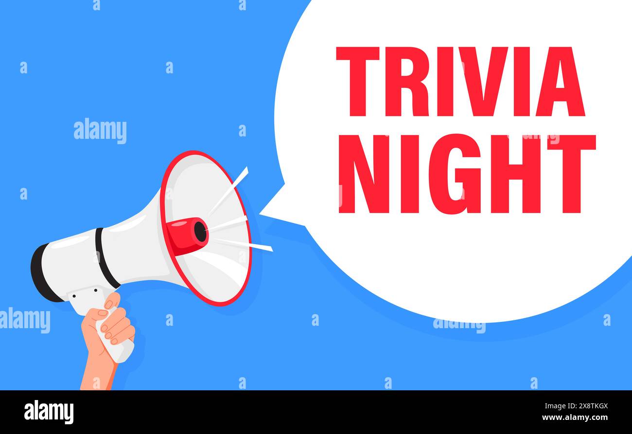 Trivia night. Hand hold megaphone speaker for announce. Attention ...