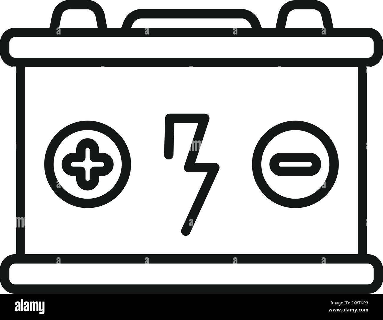 Simple black and white line art vector icon depicting a car battery ...