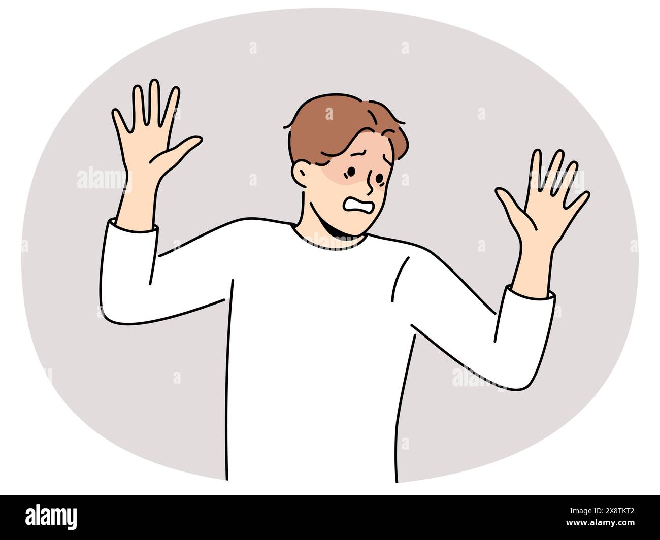 Frightened man raises hands in surrender and demonstrates obedience and ...