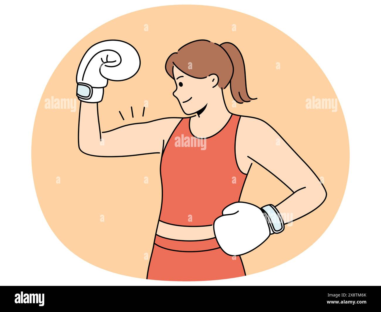 Woman boxer shows biceps and smiles demonstrating strength and ...