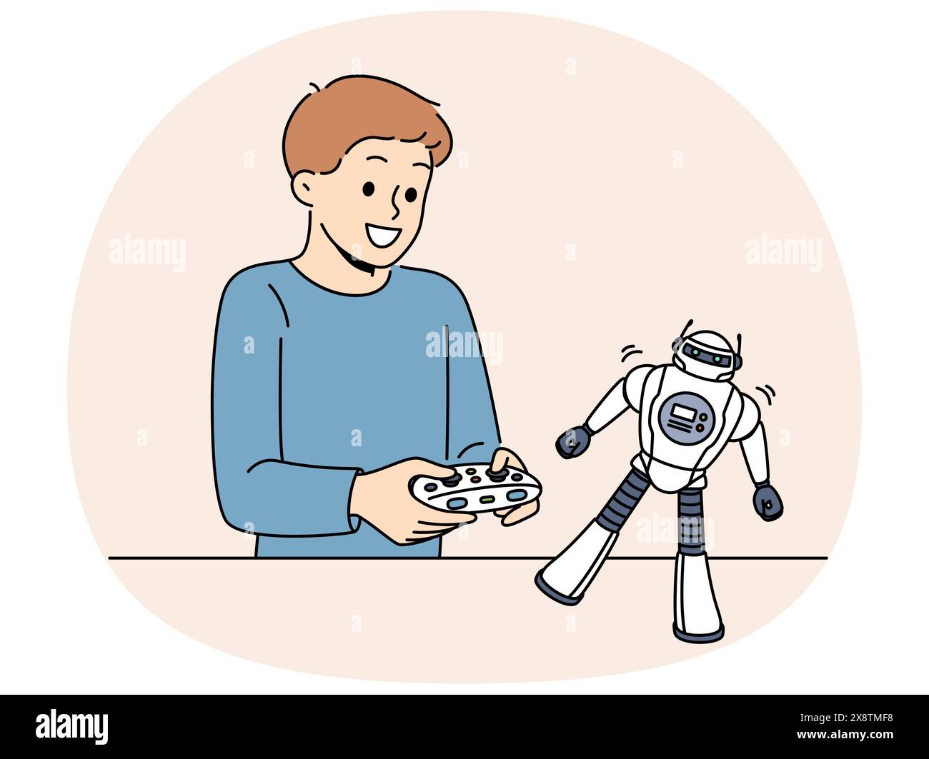 Boy with toy remote controlled robot for concept of learning robotics ...