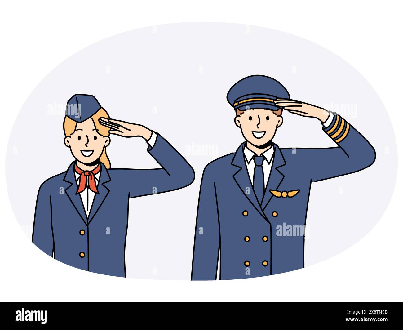 Pilot of aircraft and stewardess greet passengers of flight and thank ...