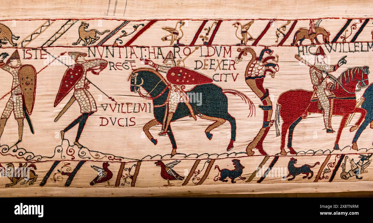 BAYEUX, FRANCE, MAY 14, 2024 : Tapestry of Bayeux, illustrate the battle of Hastings year 1066 ...