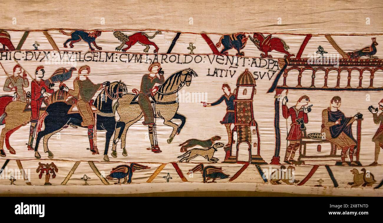 BAYEUX, FRANCE, MAY 14, 2024 : Tapestry of Bayeux, illustrate the battle of Hastings year 1066 ...