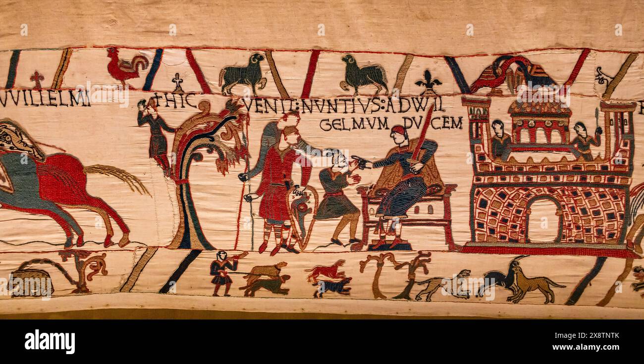 BAYEUX, FRANCE, MAY 14, 2024 : Tapestry of Bayeux, illustrate the battle of Hastings year 1066 ...