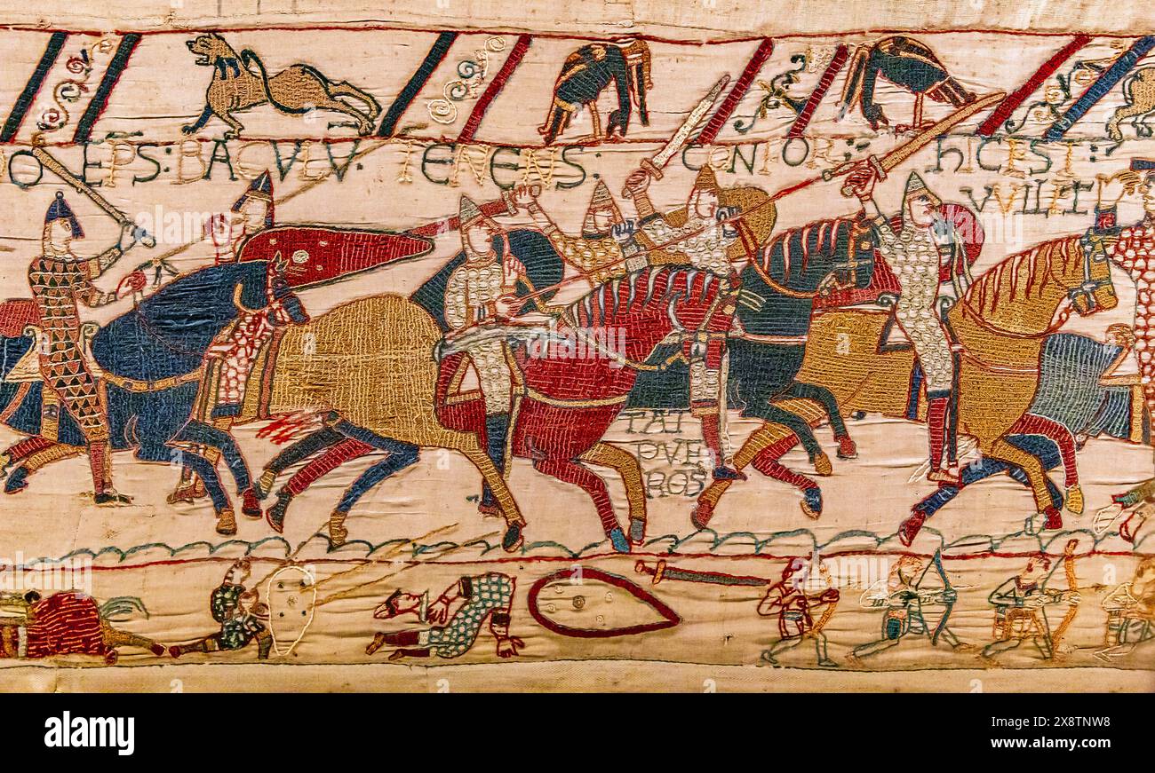 BAYEUX, FRANCE, MAY 14, 2024 : Tapestry of Bayeux, illustrate the battle of Hastings year 1066 ...