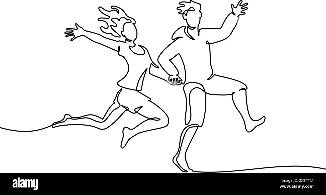 Happy running and jumping couple girl and man. Continuous one line ...