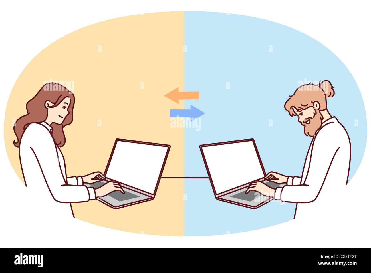 Teamwork of man and woman working remotely via laptops on project and ...