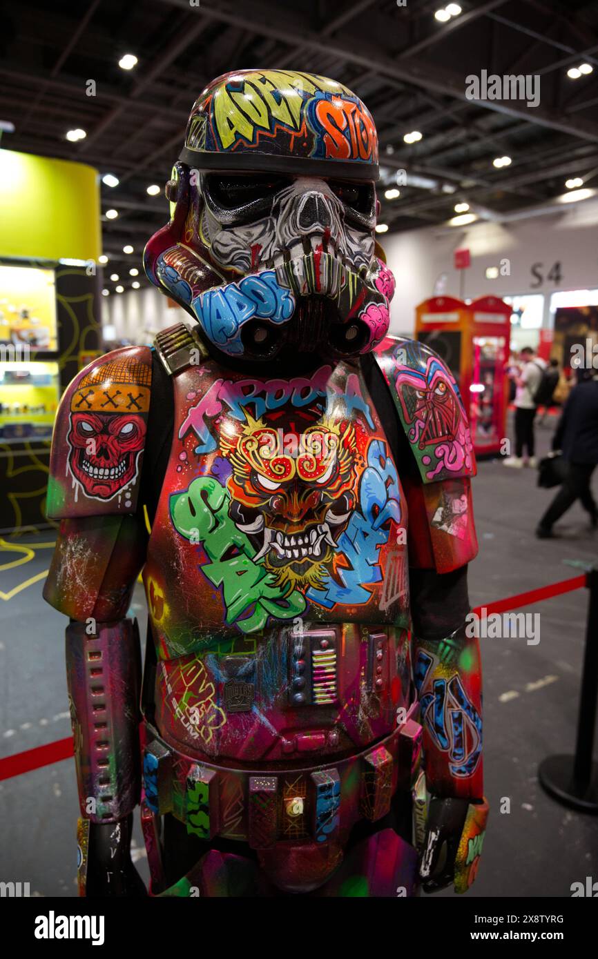 A stormtrooper uniform decorated with graffiti at Comic Con London ...