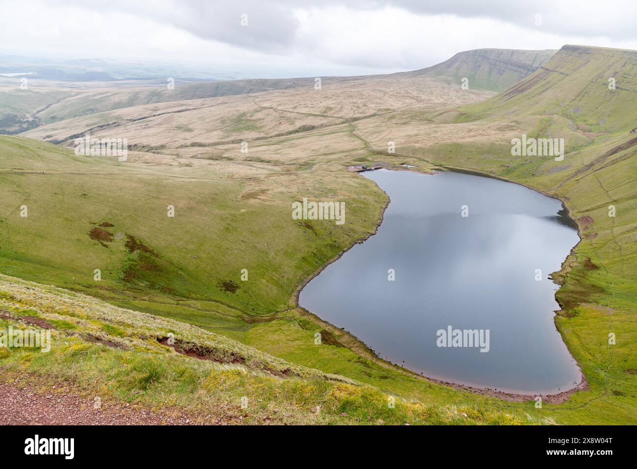 View of Llyn y Fan Fach glacial lake at the peak of Picws Du mountain ...