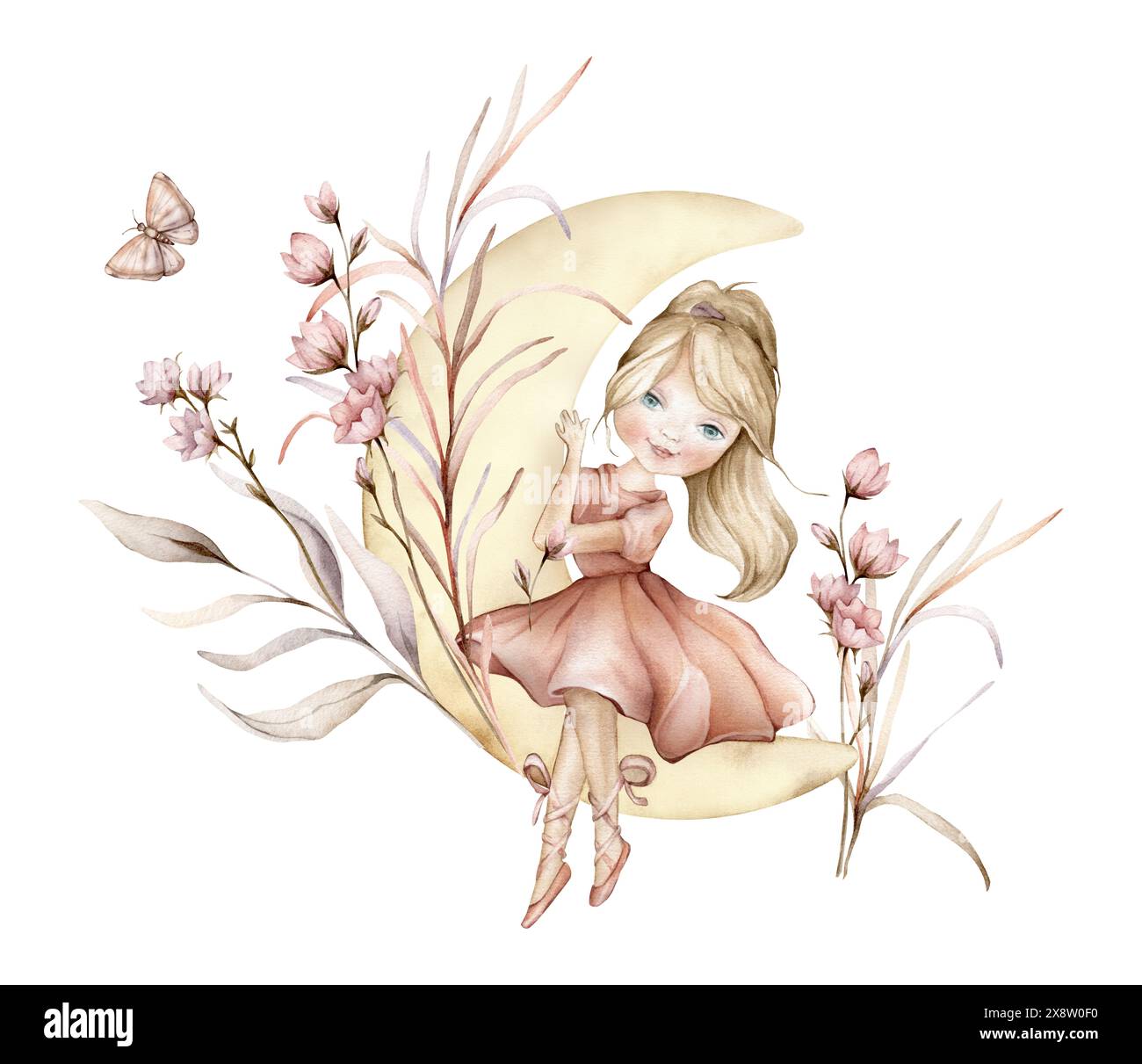 Watercolor blonde young girl ballerina in a pink dress and booties sits ...