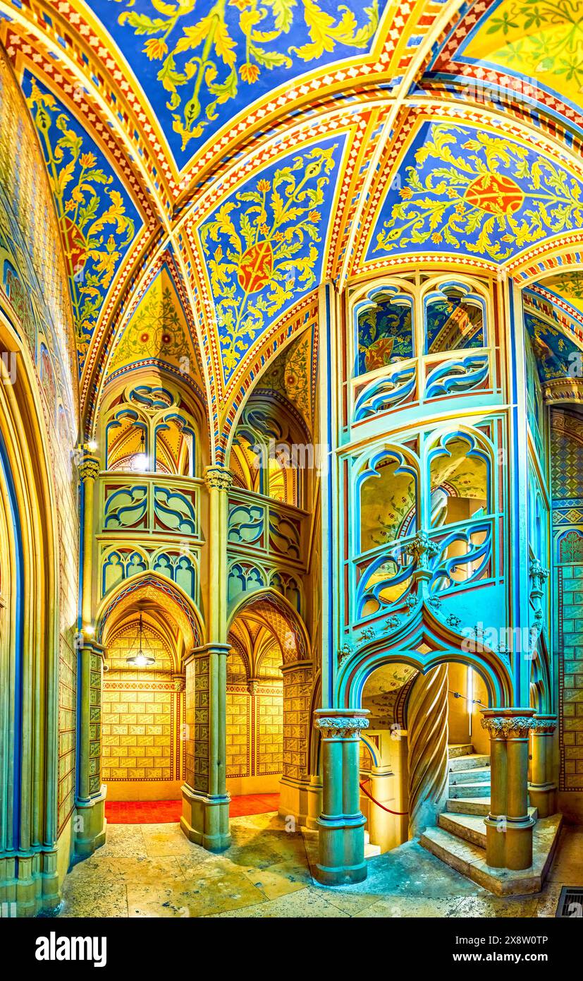 BUDAPEST, HUNGARY - FEBRUARY 28, 2022: Gothic staircase of Matthias ...