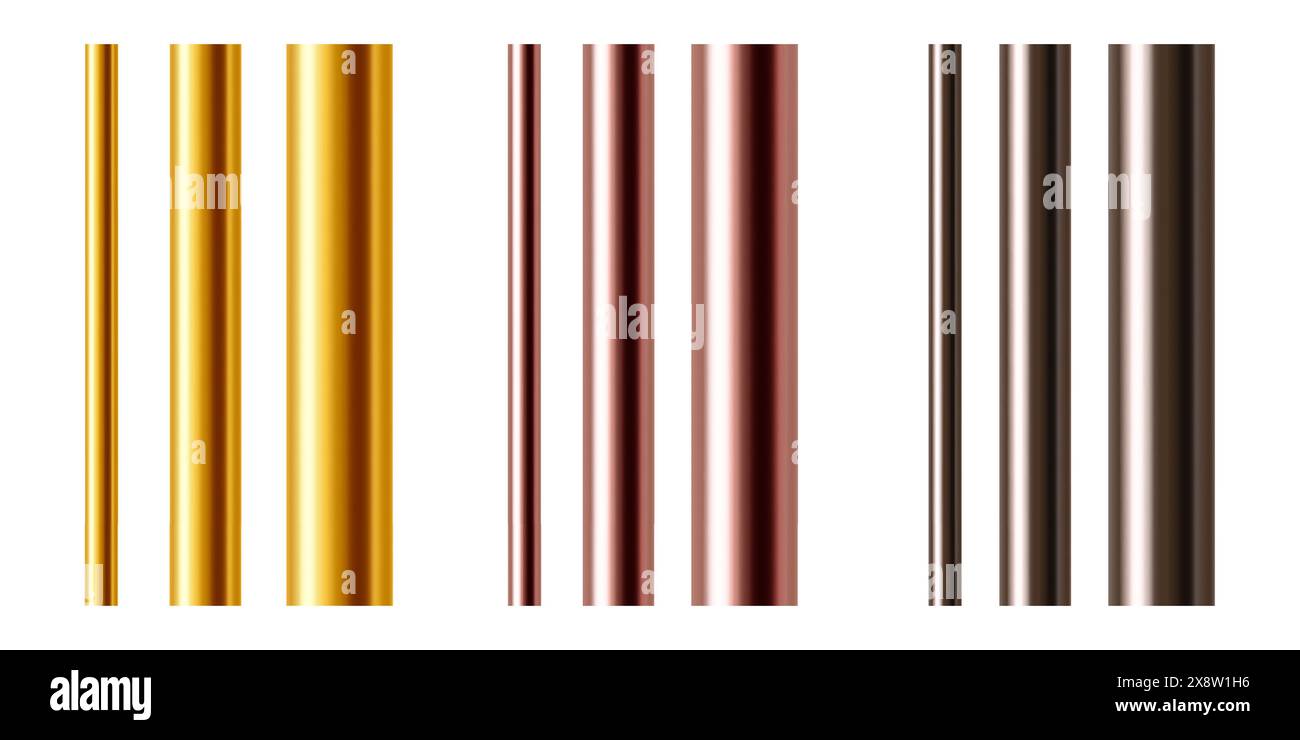 A set of of copper, cast iron, brass or gold pipes of various diameters ...