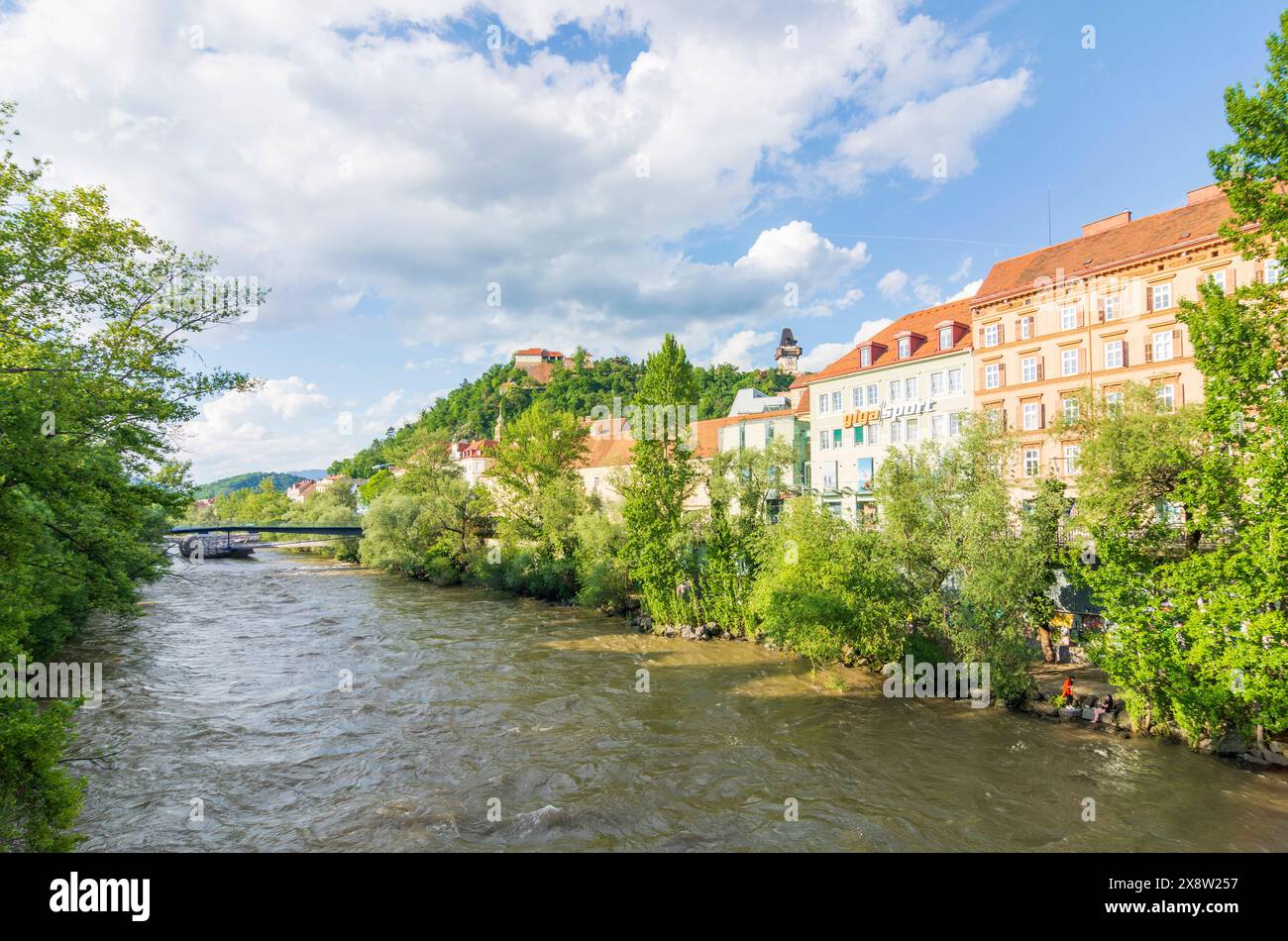 river Mur, island Murinsel, Castle Hill Schlossberg Graz Region Graz ...
