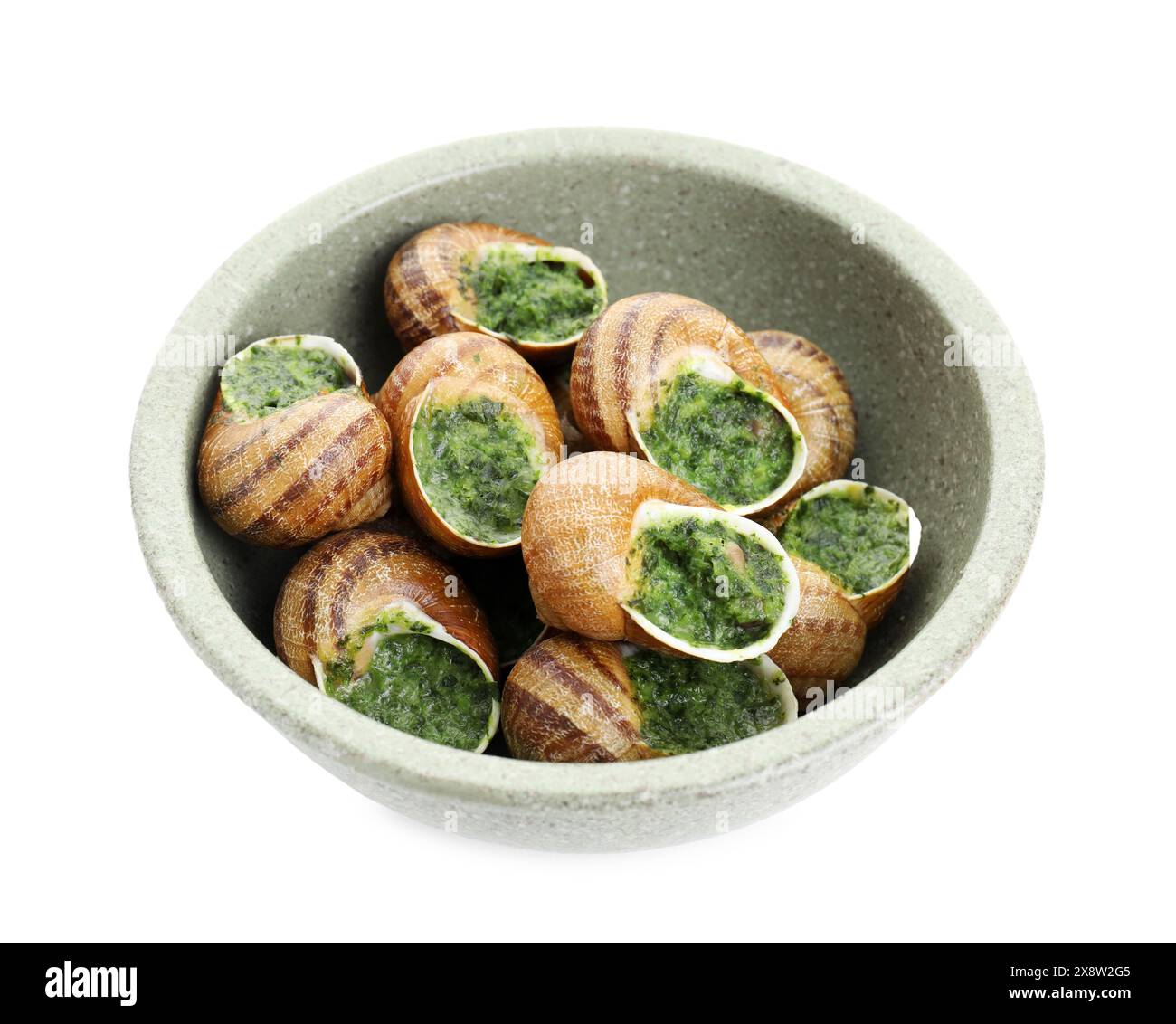 Delicious cooked snails in bowl isolated on white Stock Photo - Alamy