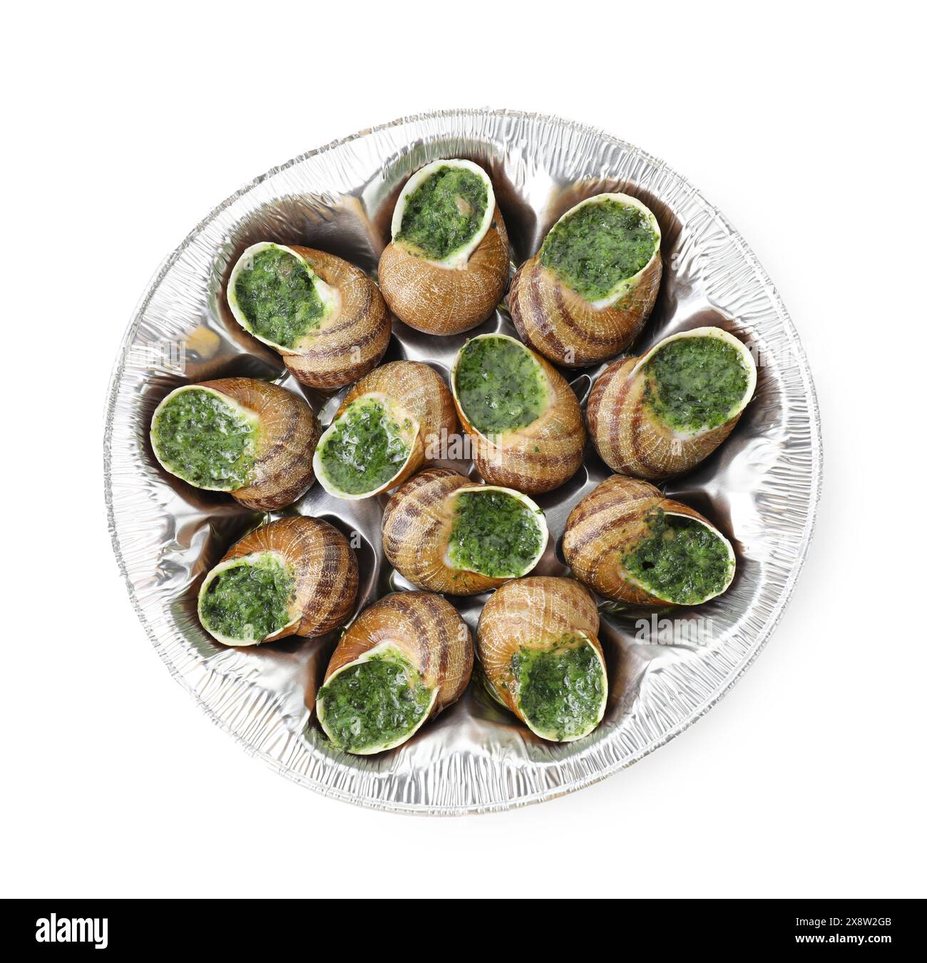 Delicious cooked snails isolated on white, top view Stock Photo - Alamy