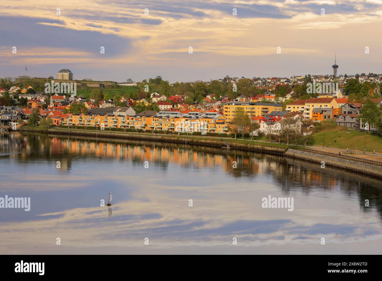 Spring in Trondheim, view of the river Nidelva, Tv tower and ...