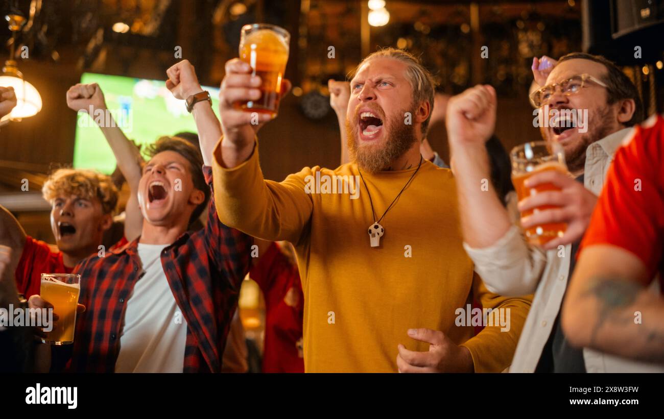 Soccer Club Members Cheering for Their Team, Drinking Beer in a Pub ...