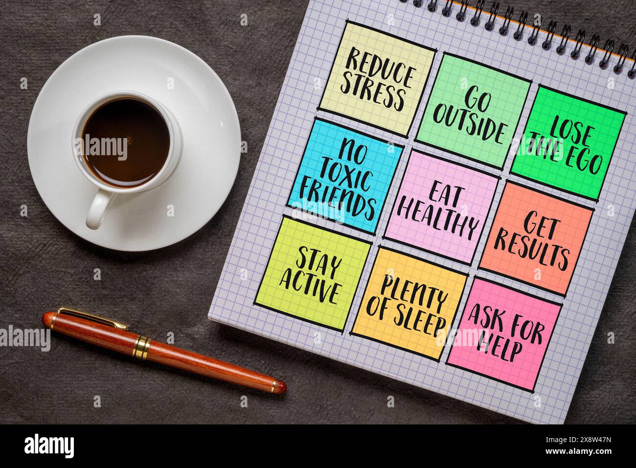 healthy lifestyle reminders, a set of colorful notes, personal ...