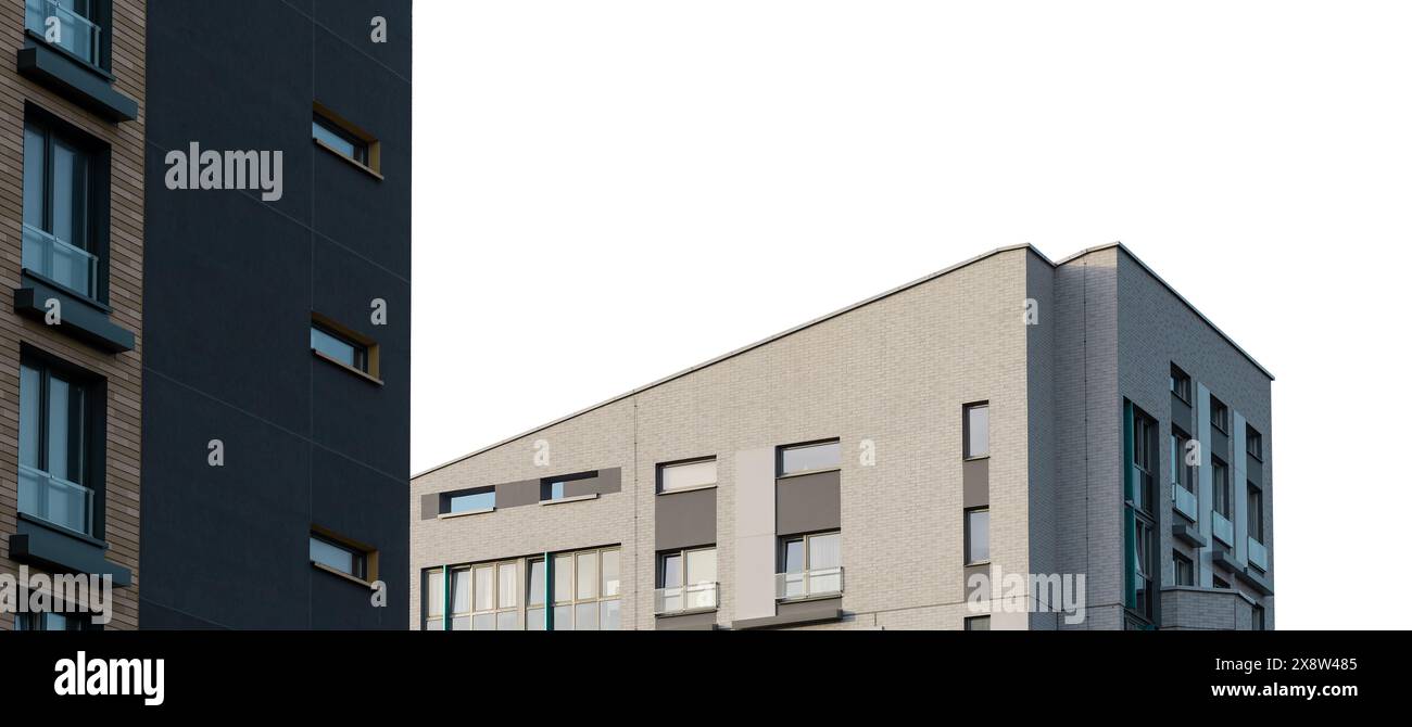 Architectural housing building city modern facade exterior, apartment new sky blue window urban ...